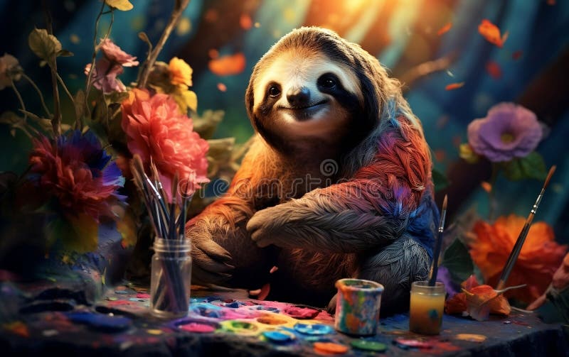 Sloth Playing with Paints and Brushes, Generative Ai Stock Illustration ...