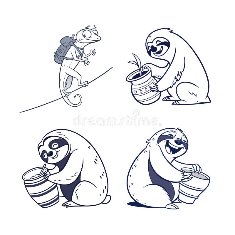 Sloth Progression with Pot, Line Art Stock Vector - Illustration of ...