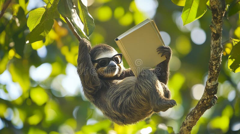 Sloth Reading: Adorable Sloth Relaxing in Tree with Glasses and Book in ...