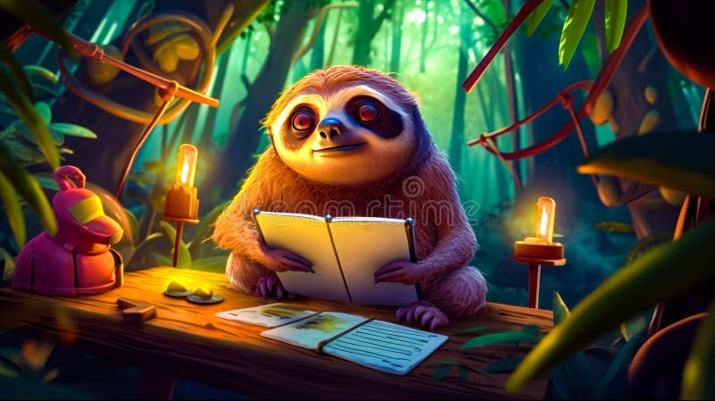 Sloth is Reading Book in the Jungle. Generative AI Stock Illustration ...
