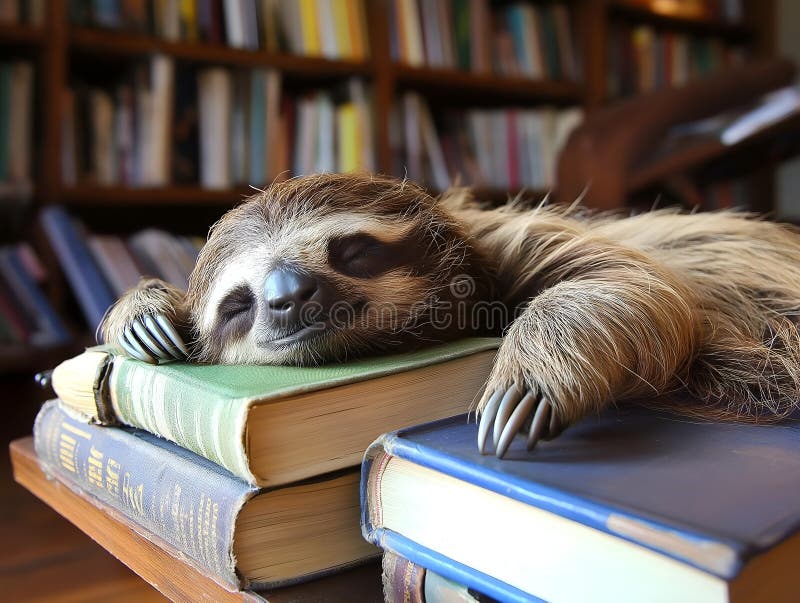 Sloth Relaxing on Books in Library Setting Stock Illustration ...