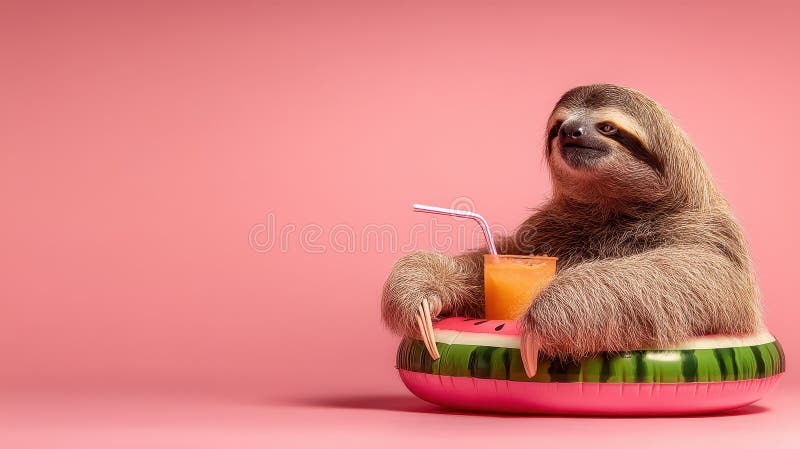 Sloth Relaxing on a Pool Float Enjoying a Refreshing Drink in a Bright ...