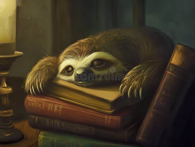 Sloth Relaxing on a Stack of Books, Mystical Stock Illustration ...