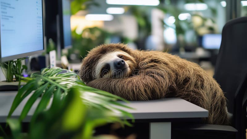 Sloth Resting at Office Desk Surrounded by Plants and Computers Stock ...