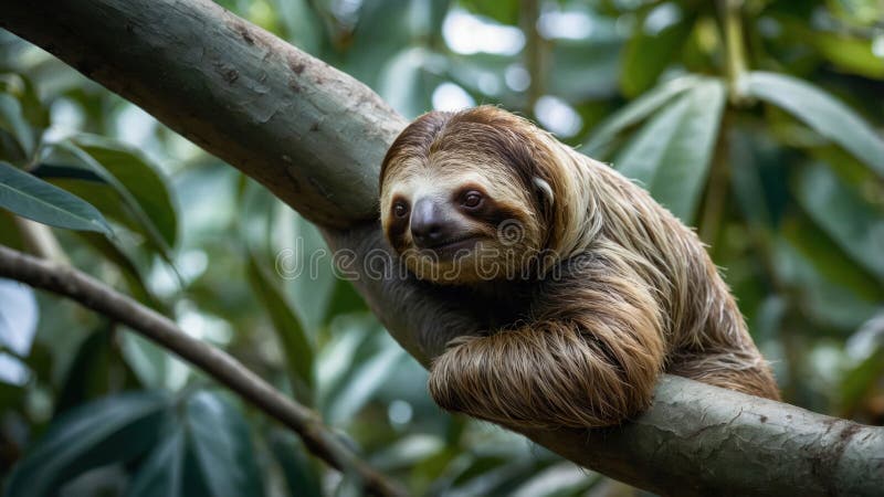 A Sloth Resting on a Tree Branch, Surrounded by Lush Green Foliage ...