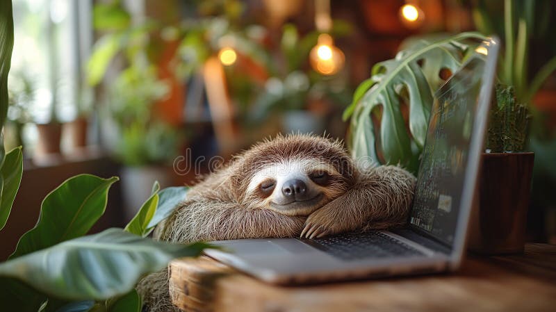 A Sloth Rests Its Head on a Laptop Surrounded by Lush Indoor Plants ...