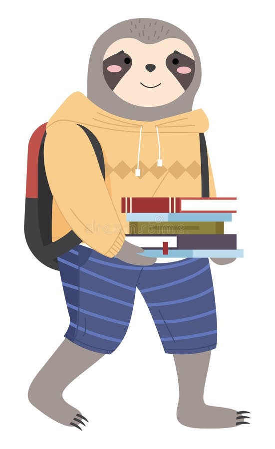 A Sloth Schoolboy with Stack of Books in Hands and a School Bag on His ...