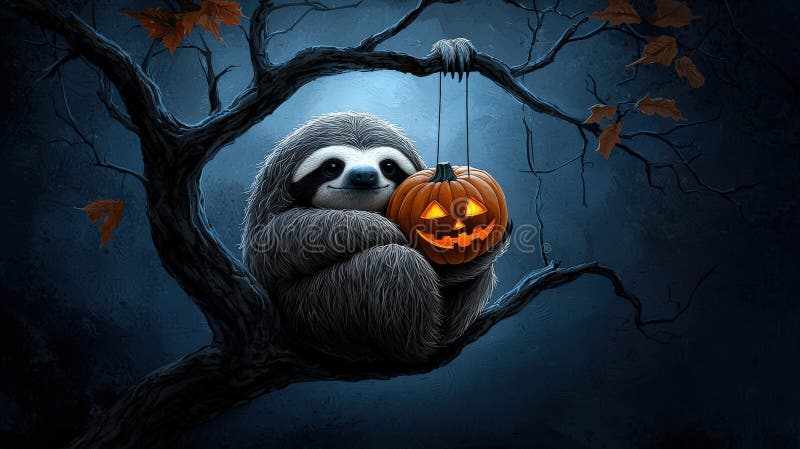 Sloth Sitting on a Branch Holding a Halloween Pumpkin in a Mystical ...