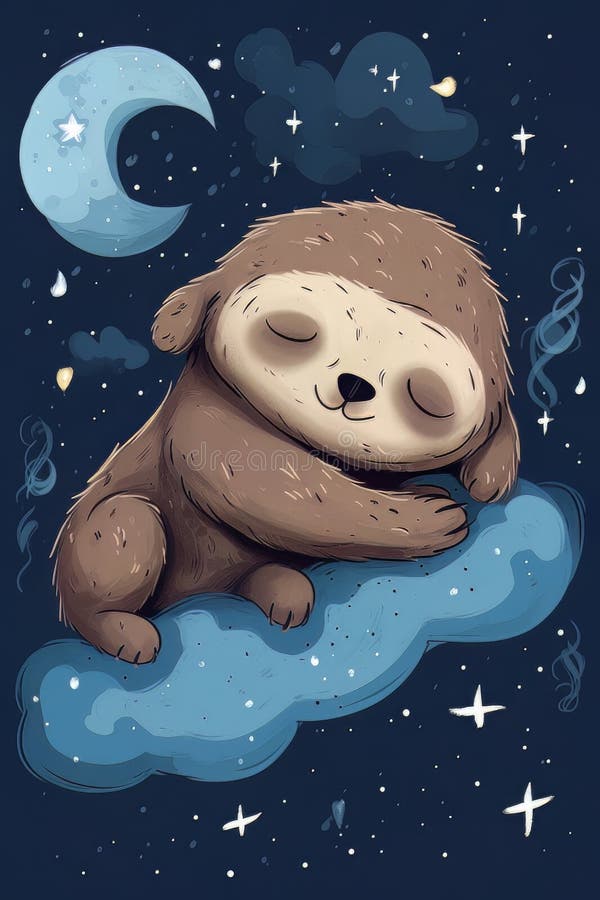 Sloth Sleeping on a Cloud on a Starry Night Stock Photo - Image of ...