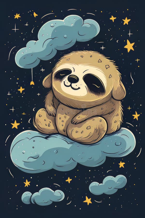 Sloth Sleeping on a Cloud on a Starry Night Stock Image - Image of ...