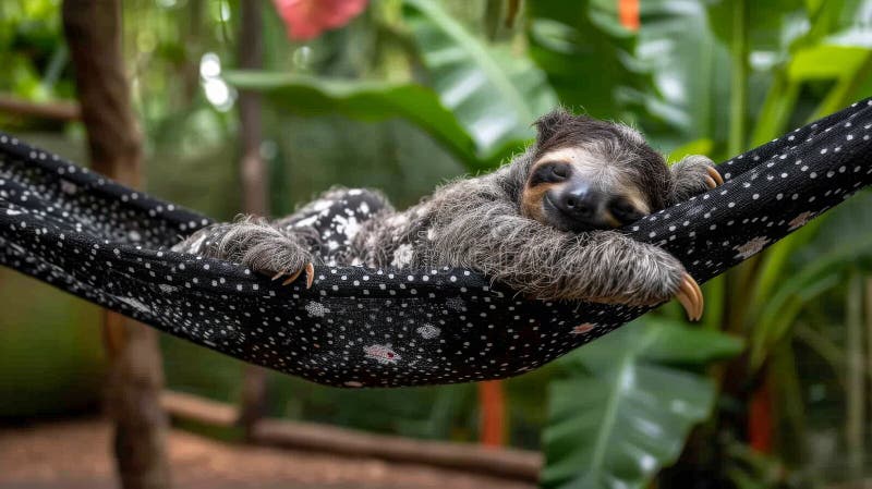 A Sloth is Sleeping in a Hammock with Leaves and Flowers, AI Stock Photo - Image of sloth ...