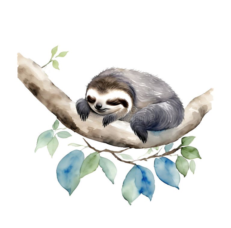Sloth Sleeping on a Tree Branch Watercolor Graphics Stock Illustration ...