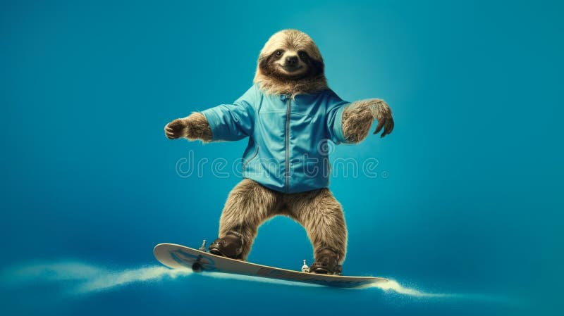 Sloth on Snowboard Against Blue Studio Background with Snow, Generative ...