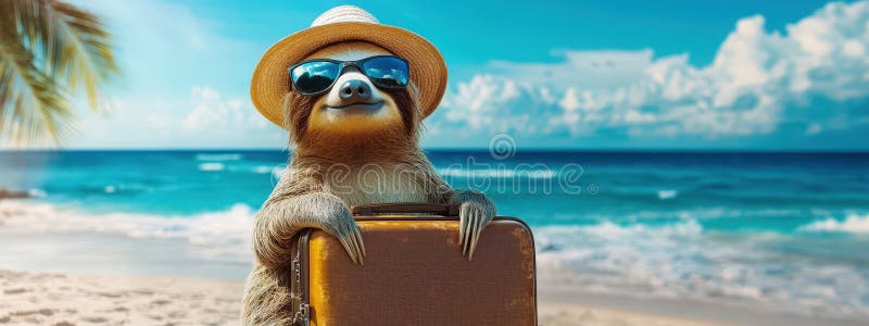 Sloth with Suitcase on the Beach. Selective Focus Stock Image - Image ...
