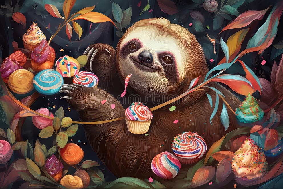 Sloth on Tree in Land of Sweets Eats Cakes and Muffins. Generative AI ...