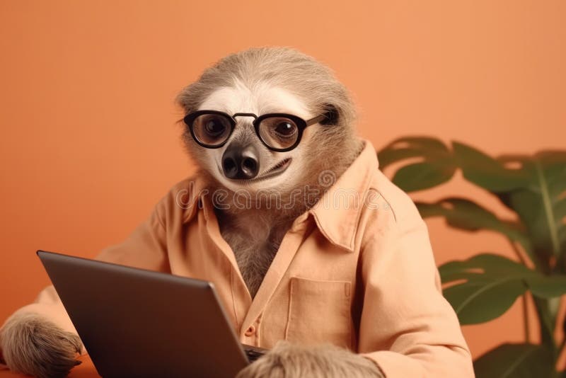 Sloth Wearing Glasses Working on Laptop Stock Illustration ...