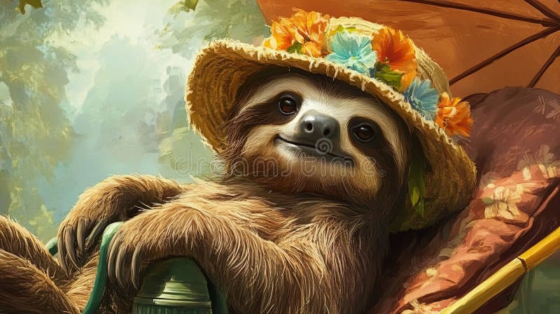 Sloth Wearing Soft Hat, Lounging Near Umbrella Base . Stock Photo ...