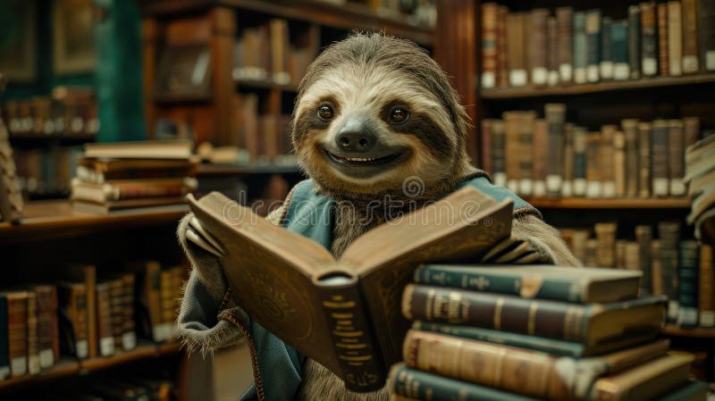 A Sloth Wearing a Wizard S Robe is Reading a Book in a Library Stock ...