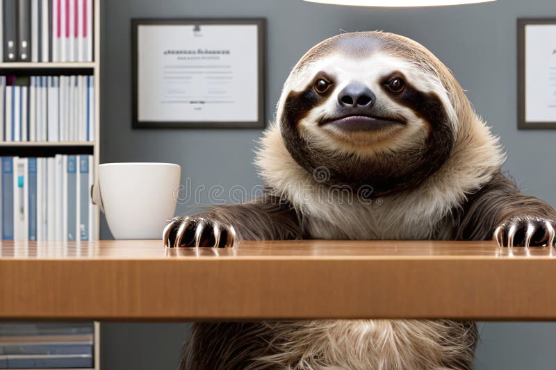Sloth Working at a Desk, Laptop and Documents in Front of Him Stock ...