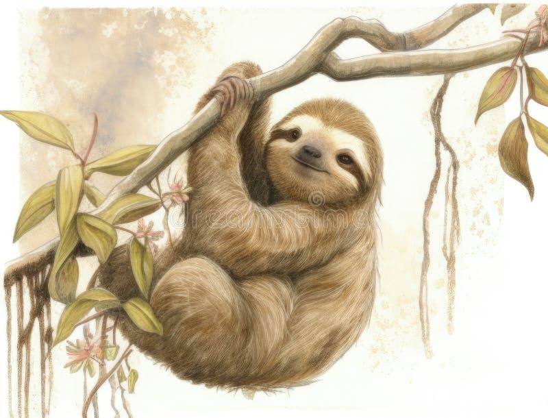 A Slothful Sloth Hanging Languidly from a Branch. Cute Creature Stock ...