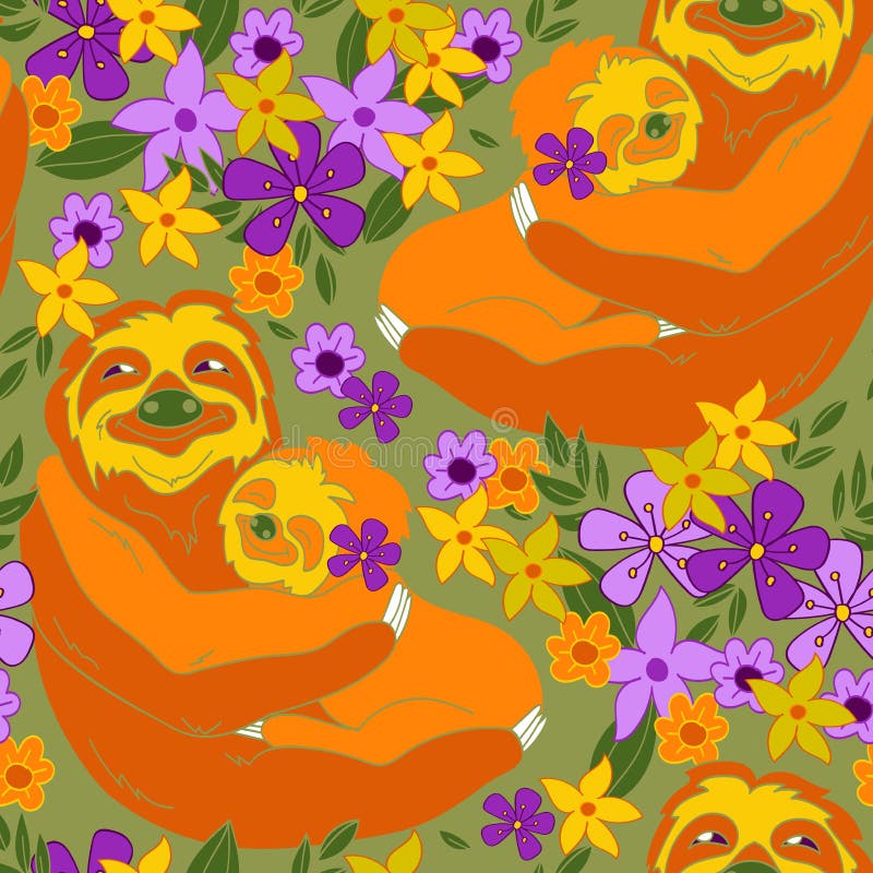 Sloths Hugging among Flowers Seamless Stock Vector - Illustration of ...