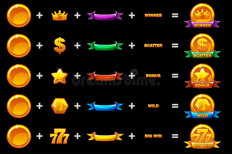 Set of Slots Icon Templates. Vector Gold and Color Icons Wild, Bonus ...