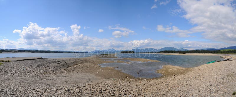 Slovakia Lake with Blue Water and Sand Beach, White Clouds on Blue Sky ...