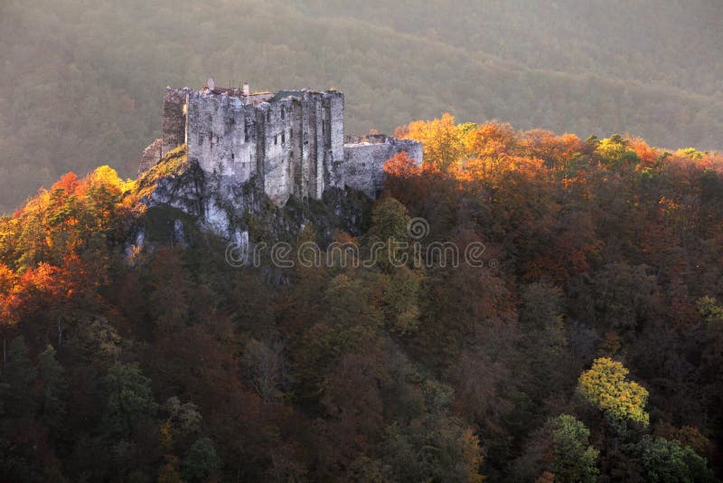 Slovakia - Ruin of Castle Uhrovec at Nice Auumn Sunset Landscape Stock ...