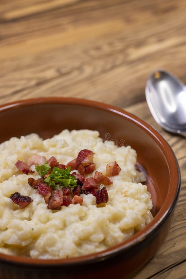 Slovakian Halusky Served with Sheep Cheese and Roasted Bacon Stock ...