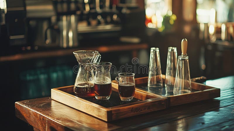 Slow Bar Coffee Setup with Wooden Trays . Stock Image - Image of green ...