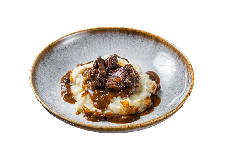 Slow Cooked Beef Cheeks in Red Wine Sauce with Mashed Potato. Isolated ...