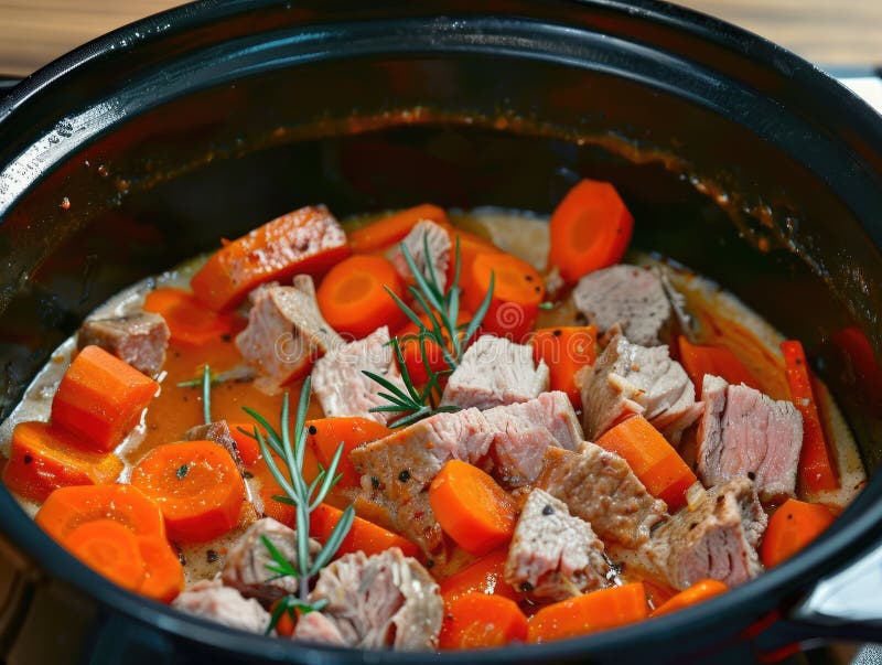 Slow-cooked Pork Stew with Carrots and Herbs in a Pot Stock ...