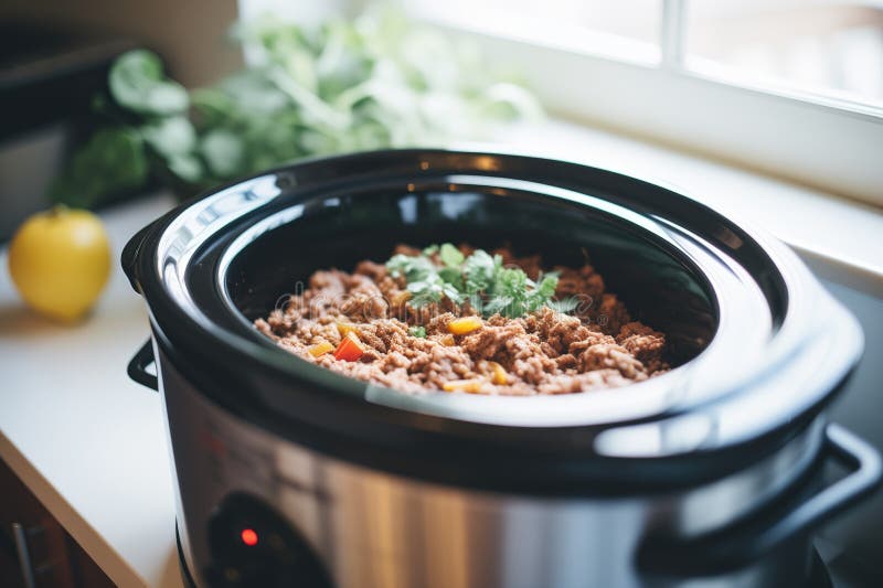 Slow Cooker Filled with Simmering Chili Con Carne Stock Image - Image ...
