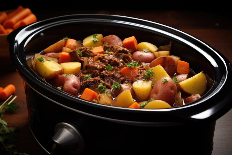 Slow Cooker with a Hearty Stew Simmering Inside Stock Photo - Image of ...