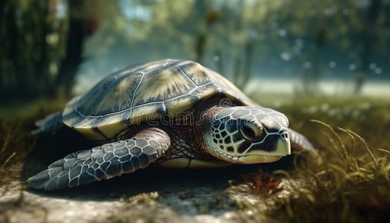 A Slow, Cute Turtle Crawls Underwater in the Tropical Forest Generated ...