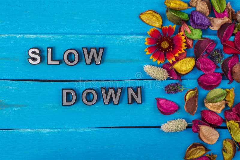 Slow Down Text on Blue Wood with Flower Stock Image - Image of wood ...