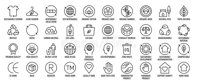 Slow Fashion Label Line Icon Set with Name, Vector Illustration Stock ...