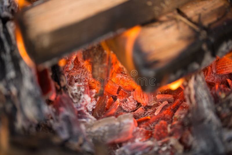 Slow Fire with Glow and Ember, Closeup of Burning Wood. Dangerous Fire ...