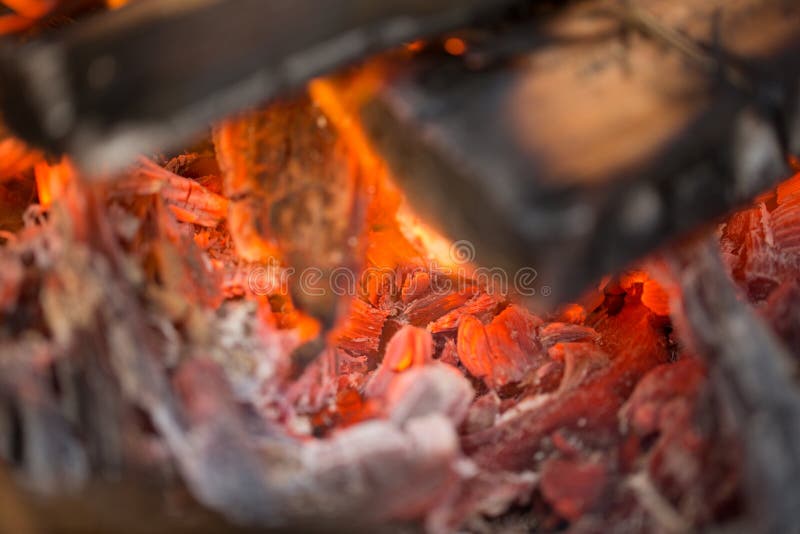 Slow Fire with Glow and Ember, Closeup of Burning Wood. Dangerous Fire ...
