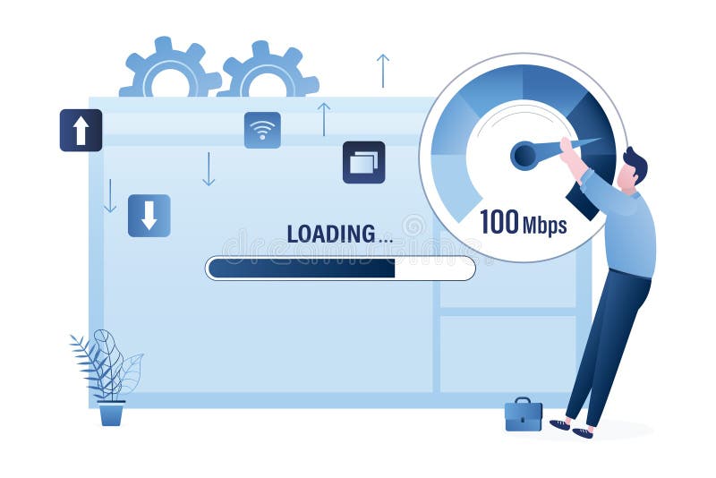 Slow Loading of Media Content. Speed Test. Male User Pulls an Arrow on ...