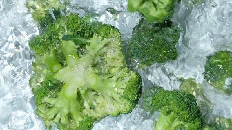 Slow Motion of Broccoli Falling into the Water. Splash of Water, Top ...