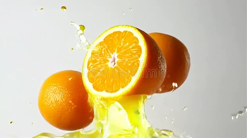 Slow Motion Collision of Orange with Juice Splash on Bright Backdrop ...