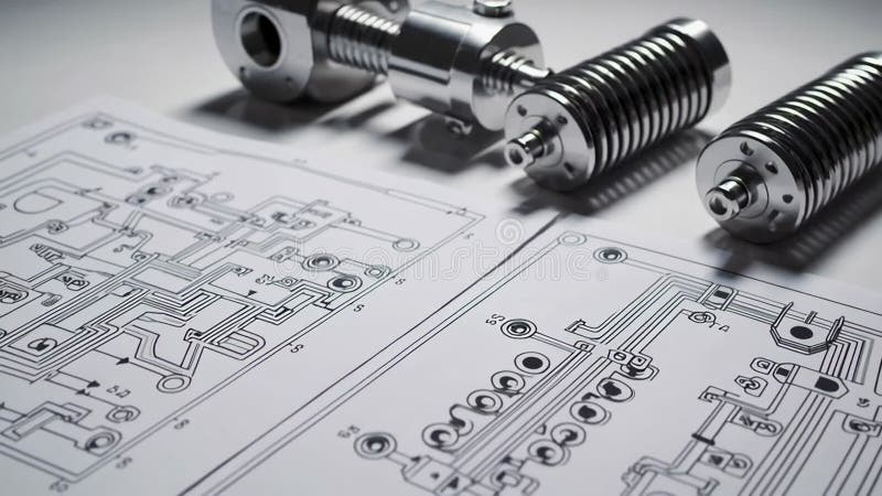 Slow Motion Engineering Components Rotating on Blueprint in a Montage Stock Video - Video of ...