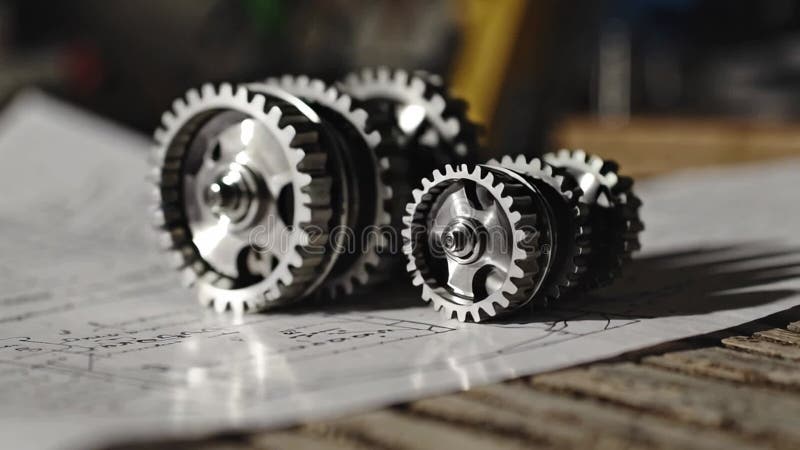 Slow Motion Engineering Gears Rotating on Technical Drawing Stock Video ...