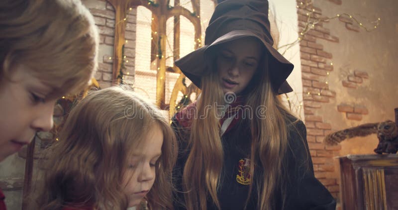 Fantasy Movie, Two Students of the Magic School are Reading Flying ...