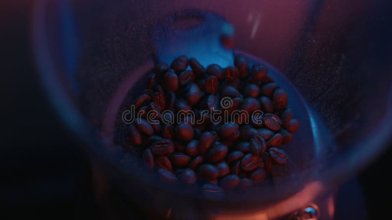 Slow Motion Fresh Coffee Beans Fall into Hopper with Neon Light Stock ...