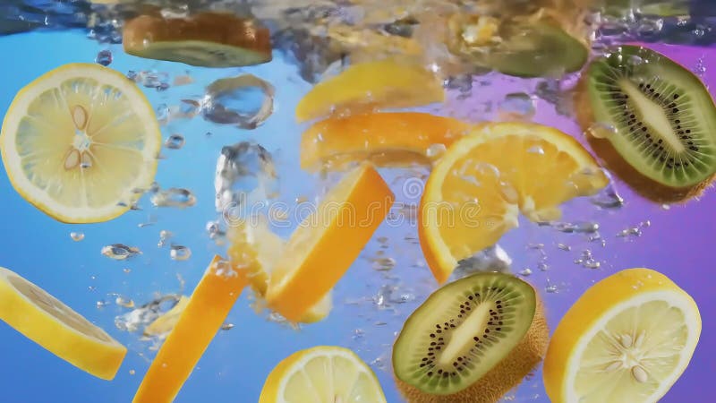 Slow Motion Fruit Splash in Water – Top-Down Neon Background Loop Stock ...