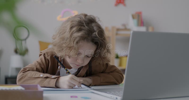 Slow Motion of Little Boy Doing Homework Using Laptop and Writing in ...