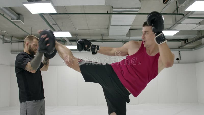 The Man Kicks the Boxing Paw Practicing the Technique of Combat with ...