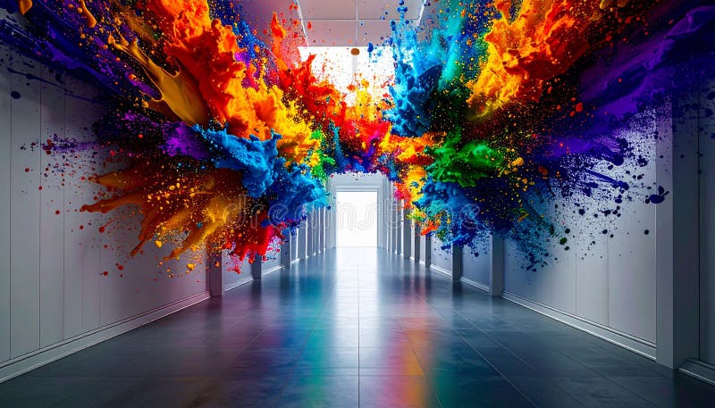 Slow Motion Paint Explosion on White Corridor. Generated Image Stock ...